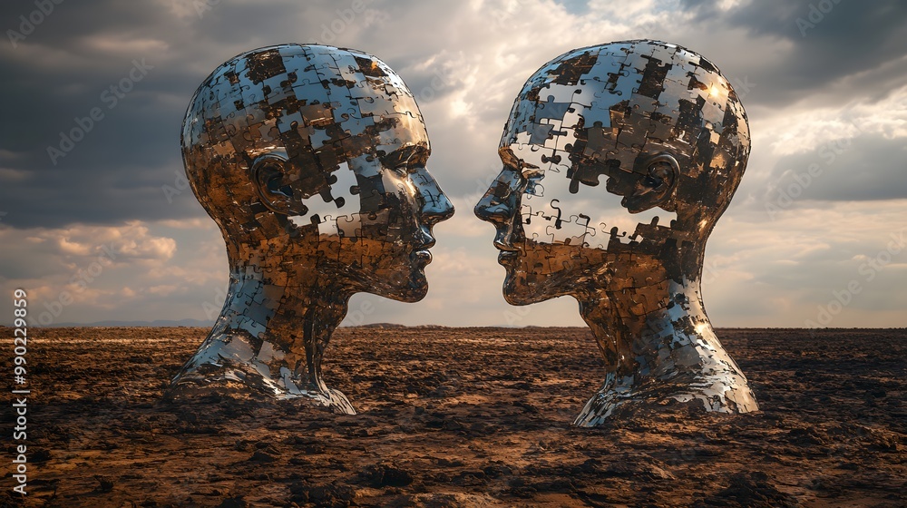 Two human heads made of translucent material, showing jigsaw puzzle ...