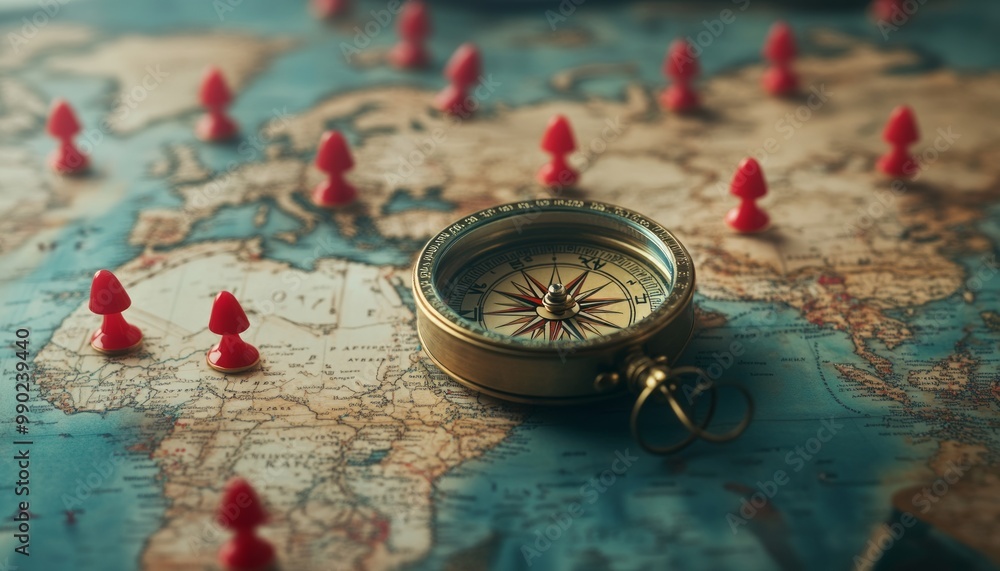 Vintage map and compass set against a rustic background, symbolizing ...