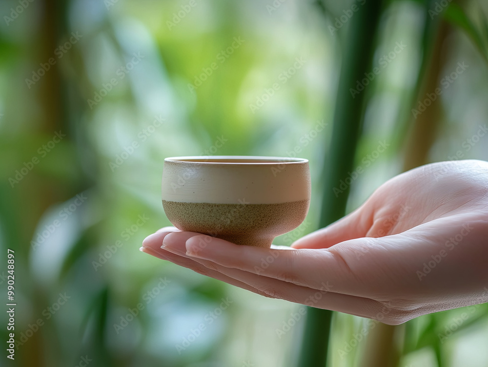 hand delicately holding small sake cup, surrounded by lush greenery ...