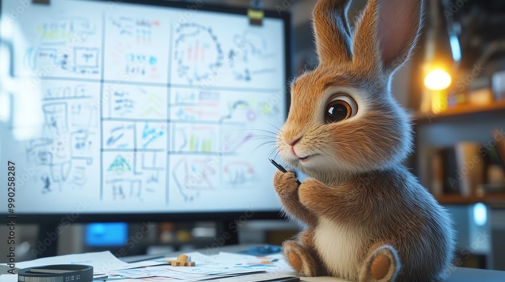 Cartoon rabbit writing on a whiteboard full of strategy diagrams in a ...