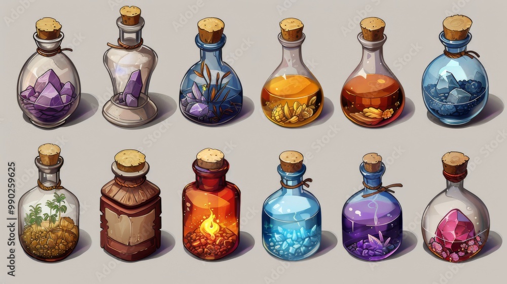 3D game asset, a set of bottles and jars with colorful liquids and ...