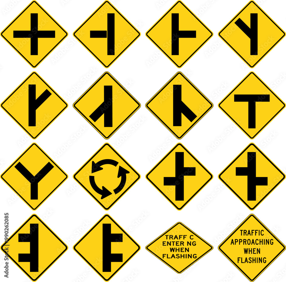 Intersection and Roadway Traffic Signs: Crossroads, T-Intersections, Y ...