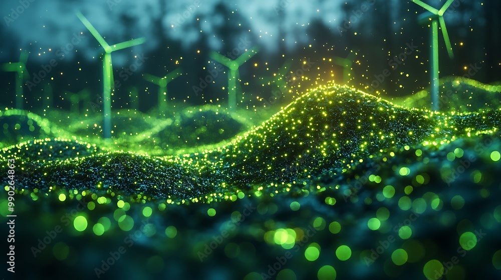 A digital representation of a sustainable energy grid, with green ...