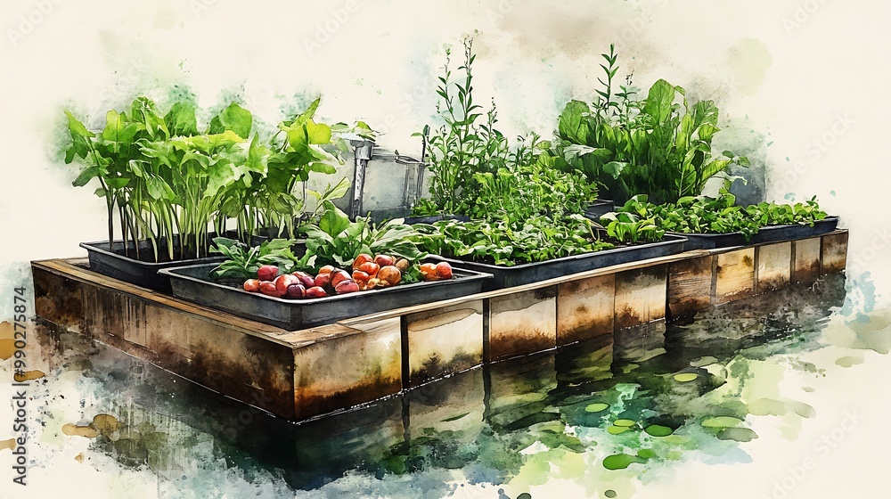 Water Garden Painting with Floating Plants and Vegetables. Stock ...