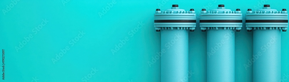 Three cylindrical water filters in a vibrant teal background ...
