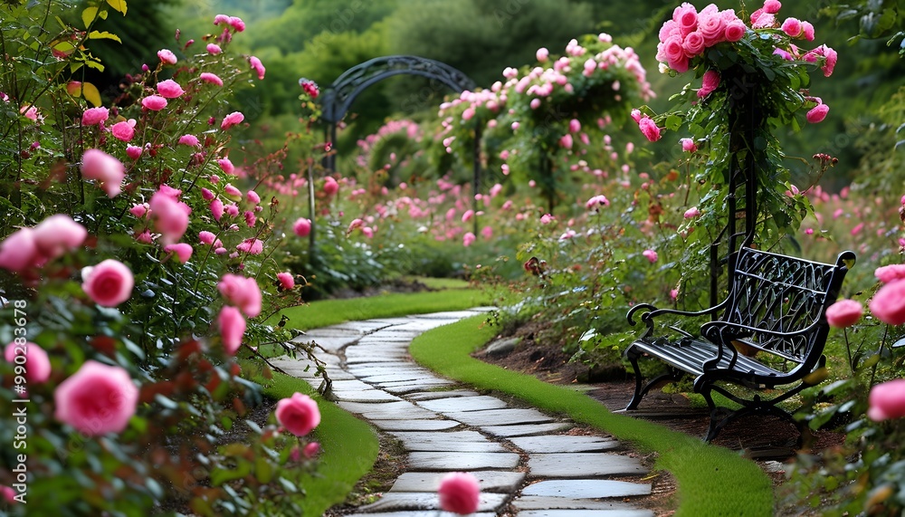 Charming rose garden featuring winding stone pathways and a wrought ...