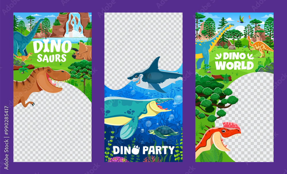 Dino party and park poster templates with cartoon dinosaur characters ...
