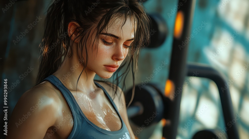 Fitness, breathing and sweating with a tired girl in the gym, resting ...