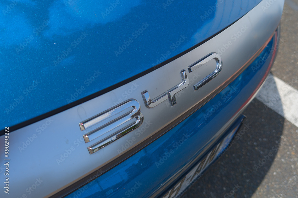 BYD car ev logo brand and front hood sign text of china dealership ...