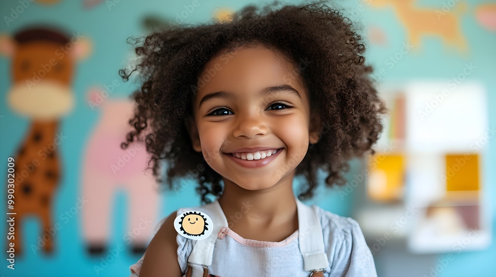 A child holding their arm with a proud smile, showing a sticker in a ...
