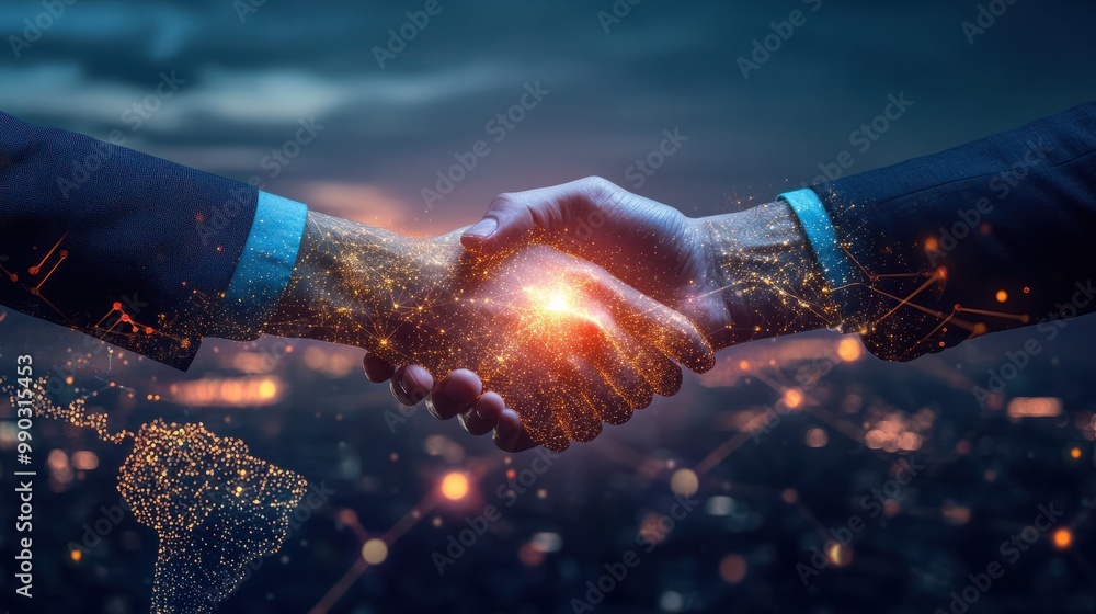 Teamwork of business people around the world through smart innovation ...