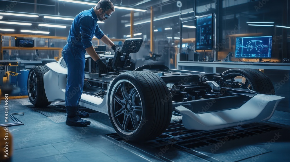 Working with a computer and a 3D CAD software, the engineer tests a ...