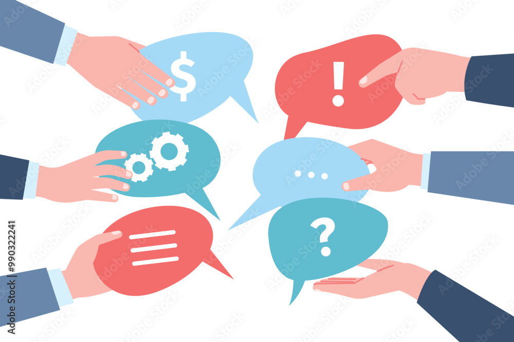 Business conversation abstract concept. Hand holding speech bubbles ...