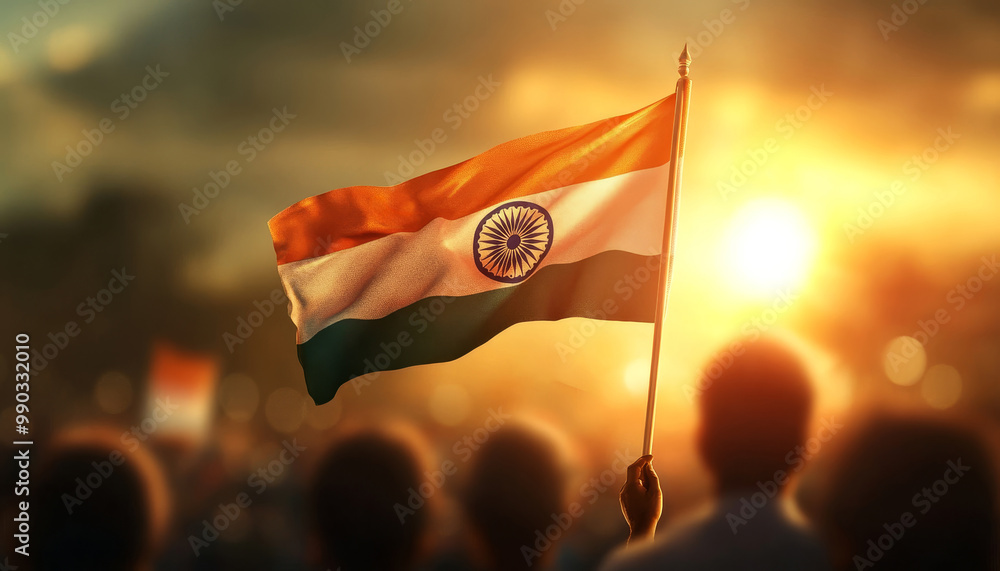 Indian Flag Waving in the Sunset ภาพถ่ายสต็อก | Adobe Stock
