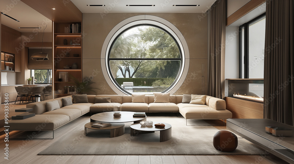 Open-plan living room interior design with a unique circular window ...