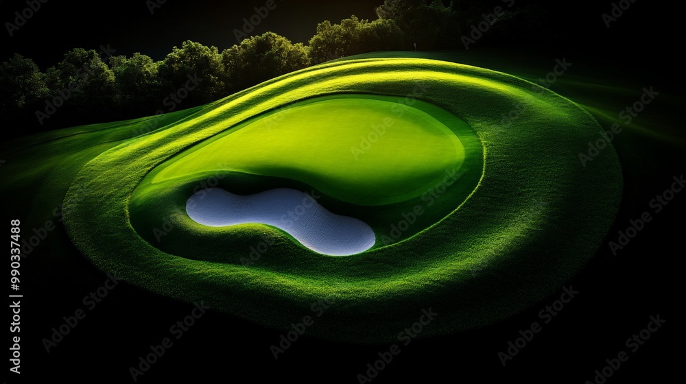 Nighttime Golf Course: A dramatic aerial view of a golf course bathed ...