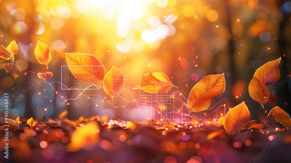 Autumn leaves falling, transforming into digital graphs and charts ...