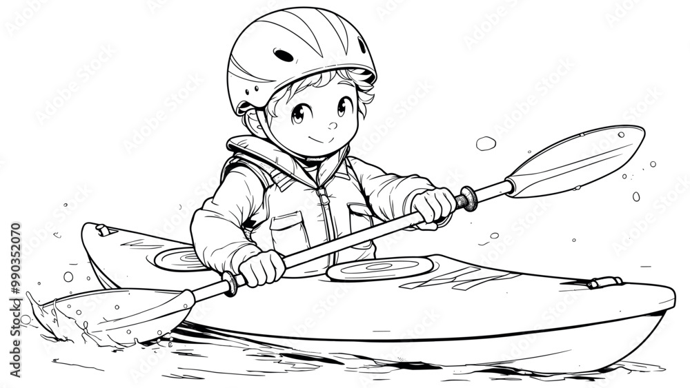 Boy in Helmet and Life Jacket Sitting in Kayak with Paddle Coloring ...