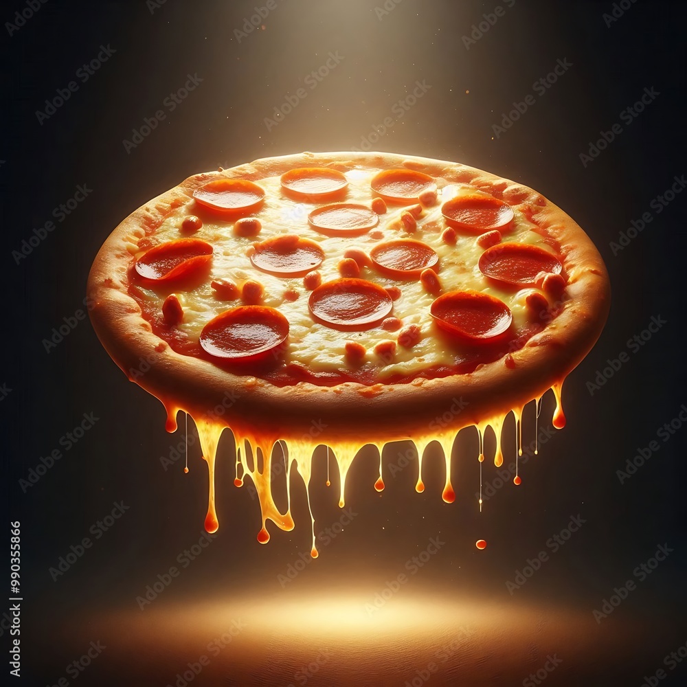 Imagine a perfectly baked pepperoni pizza, lifted mid-air with cheese ...