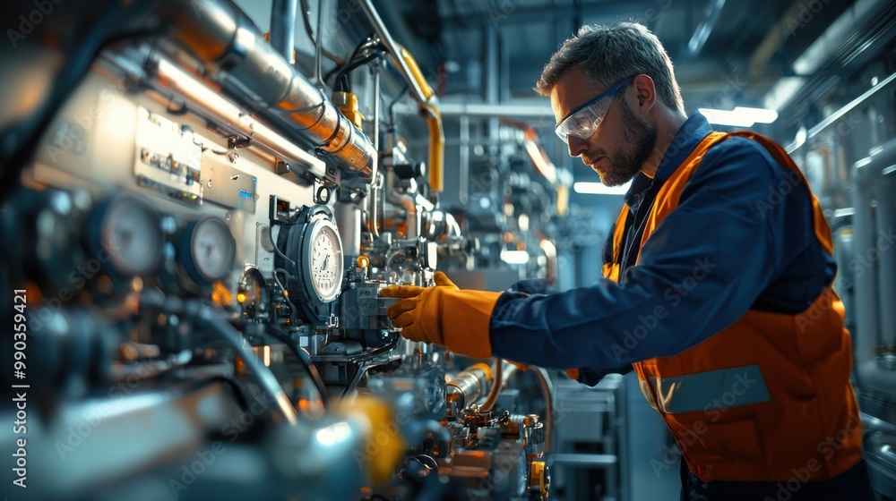 Modern Engineer at Work: Skilled 40-Year-Old in Superyacht Engine Room ...