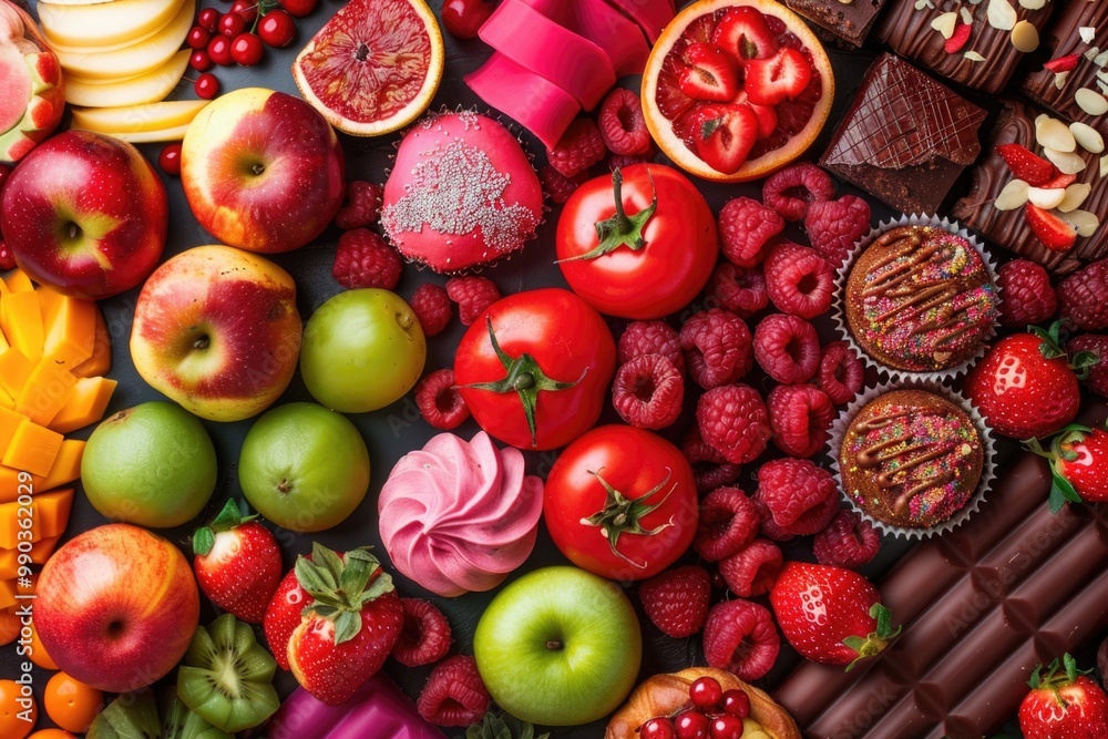 Good Or Bad. Healthy Eating Concept with Fresh Fruits and Vegetables vs ...