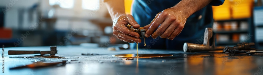 Mechanic wiping oil from hands after fixing a leaking gasket, dark ...
