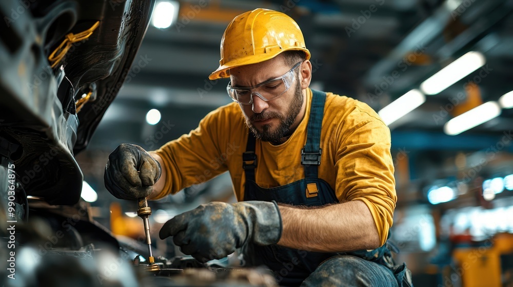 Grease-covered mechanic tightening bolts under an old pickup truck, oil ...