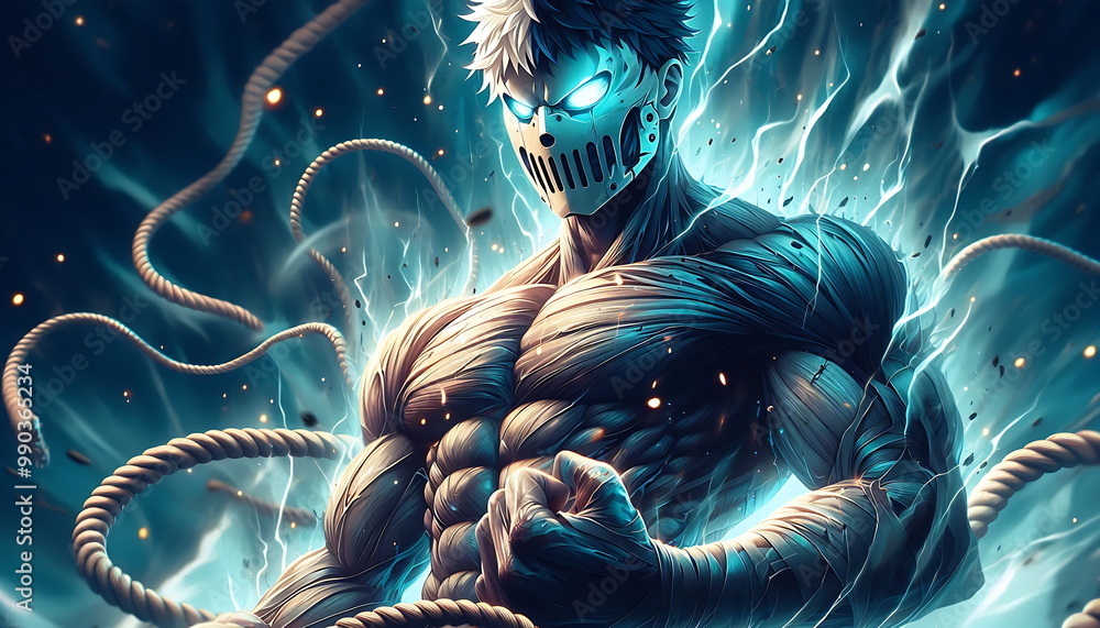 Powerful Anime Character Wearing a Ghost Mask with Fire and Thunder ...