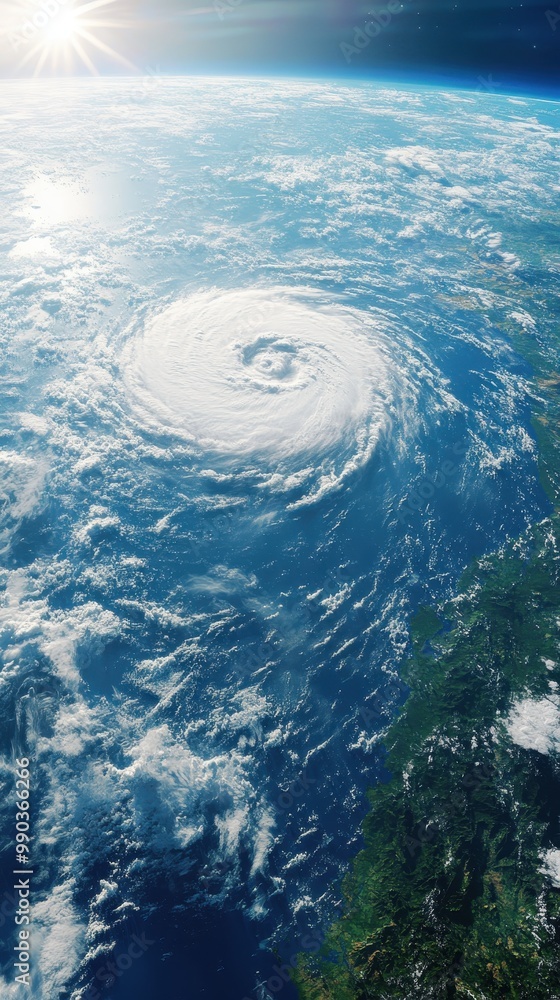 Typhoon approaches land with swirling clouds, rain bands, and immense ...