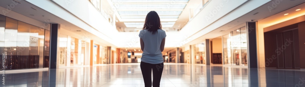 Woman standing in an empty shopping mall, only shadows and sad eyes ...