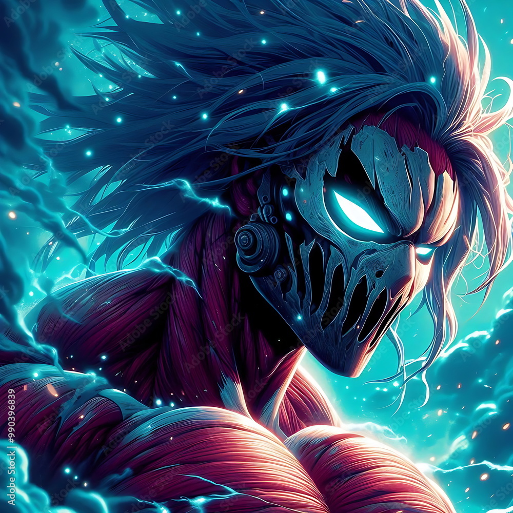 Powerful Anime Warrior in Ghost Mask with Electric and Flame Effects ...