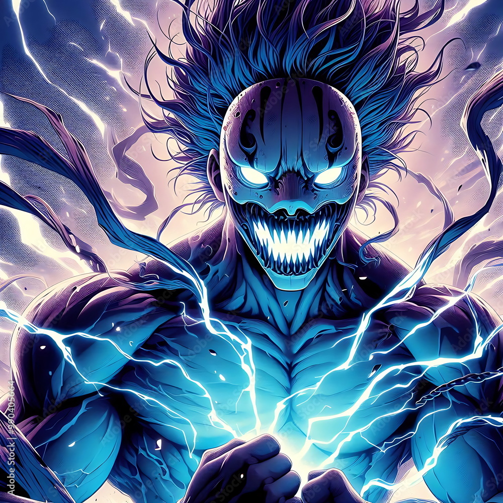 Powerful Anime Character Wearing a Ghost Mask with Fire and Thunder ...