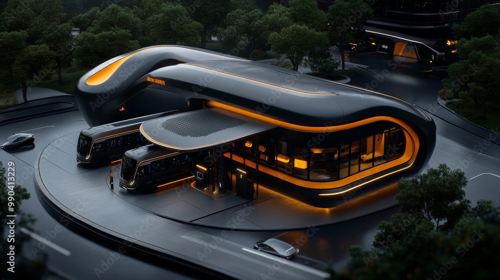 Futuristic Gas Station: A sleek and modern gas station design with a ...