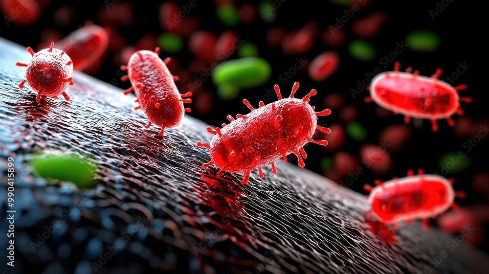 Close-up view of vibrant red bacteria in a microscopic environment ...