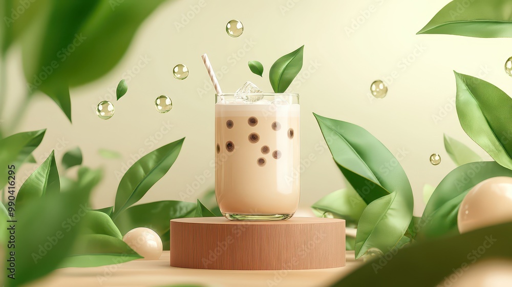 Bubble milk tea advertisement with leaves elements on summer background ...