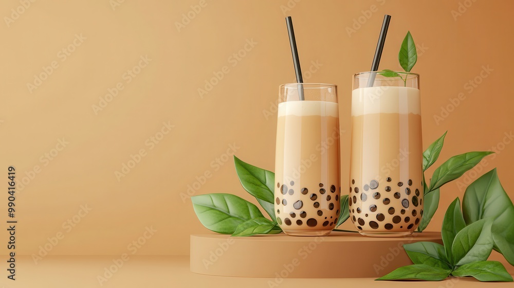 Bubble milk tea advertisement with leaves elements on summer background ...