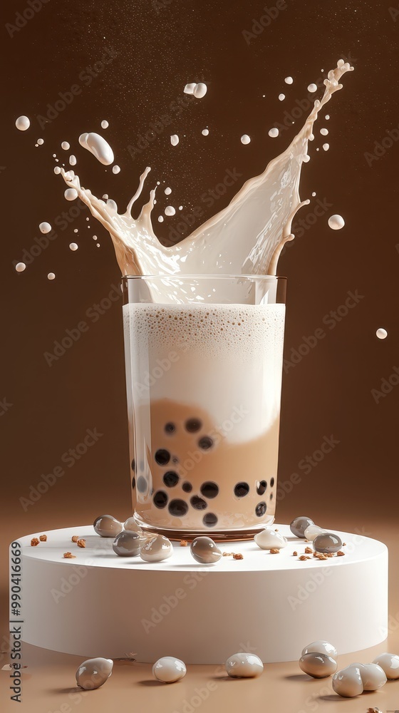 Bubble milk tea advertisement with leaves elements on summer background ...