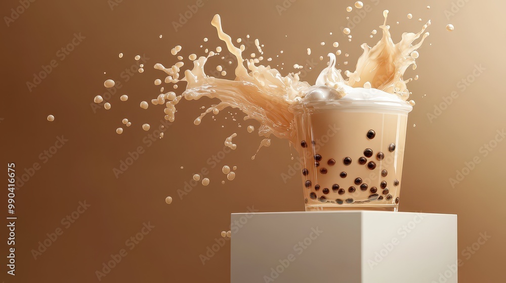 Bubble milk tea advertisement with leaves elements on summer background ...