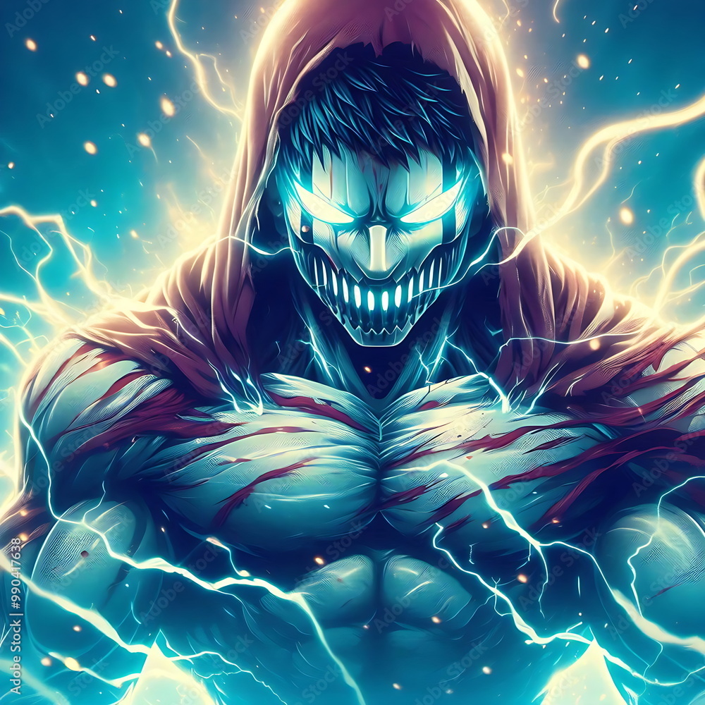 Powerful Anime Character Wearing a Ghost Mask with Fire and Thunder ...