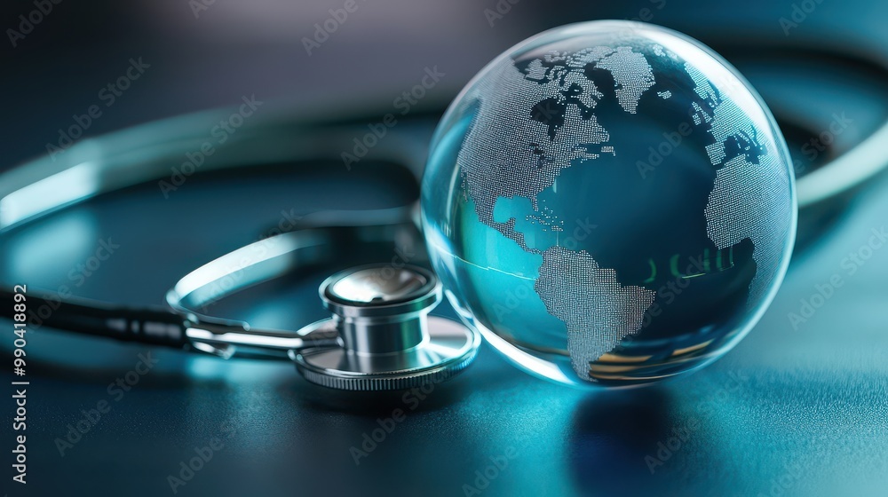 Glass globe with stethoscope on blue background,representing World ...