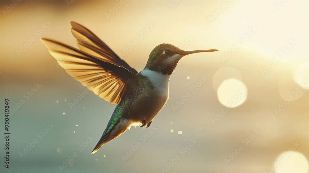 This extreme close-up captures a hummingbird in mid-flight over a ...