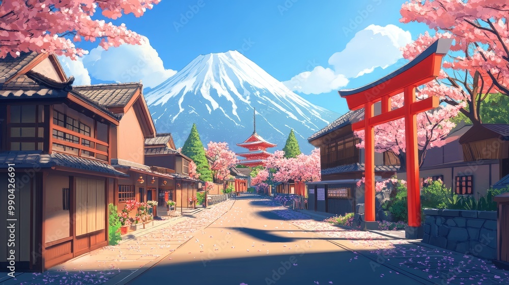 Foto de Cartoon-style Japanese village with Mount Fuji towering in the ...