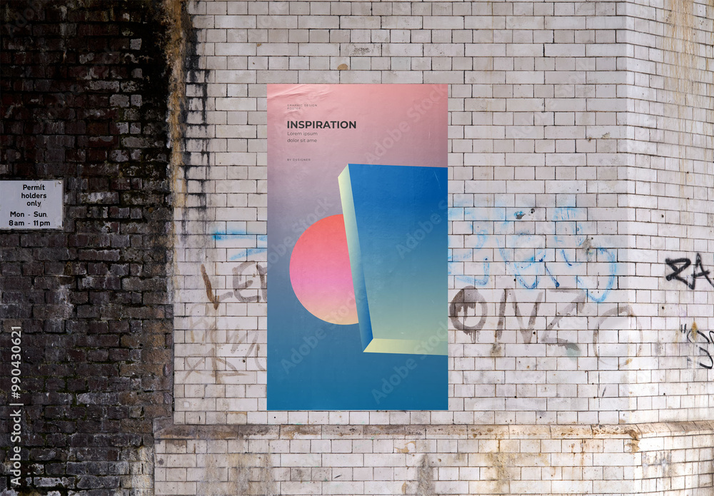Mockup Of Vertical Customized Poster On Wall With Graffiti Stock ...