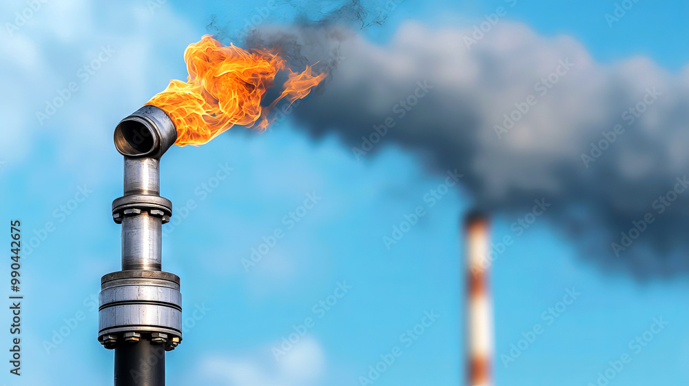 Industrial flare burning fossil fuel with smoke in the background ...