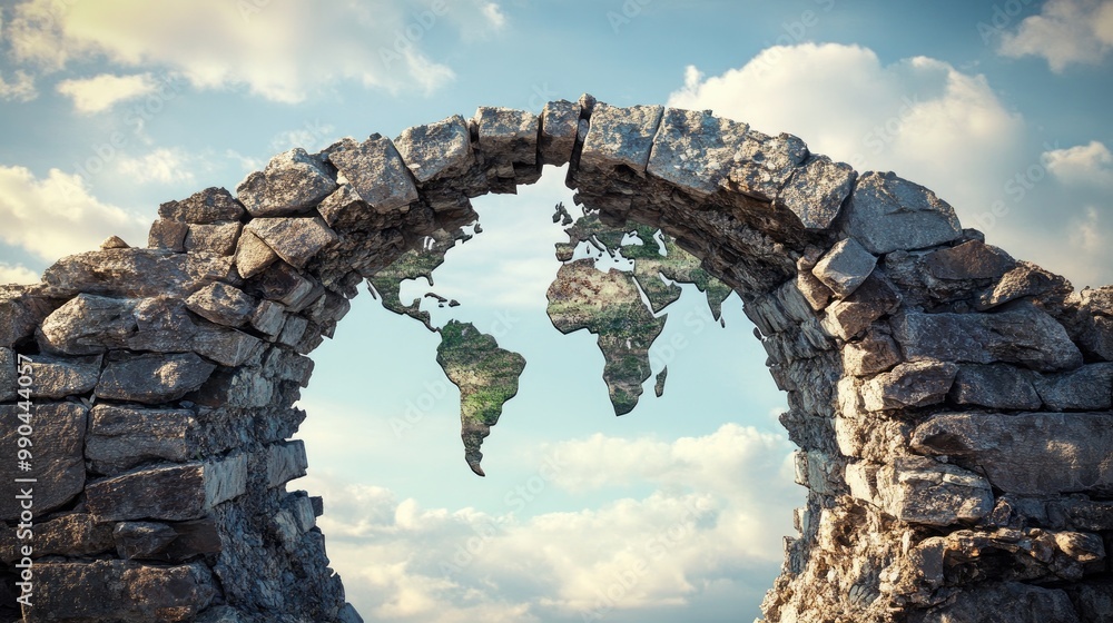 Global trade symbolized by a broken bridge between countries ...