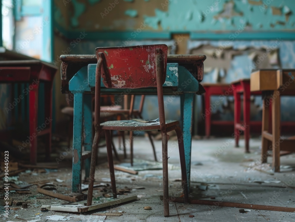 School Chair. Abandoned Classroom with Old, Broken Chairs and Desks ...