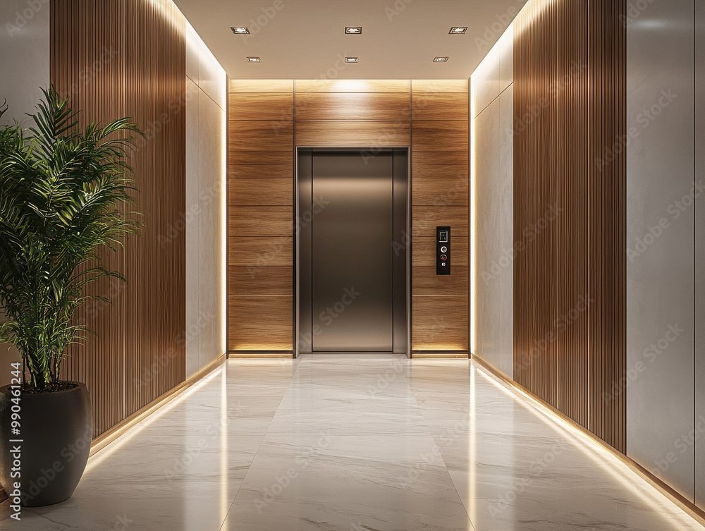 Luxury elevator lobby, marble flooring, chandelier lighting, opulent ...