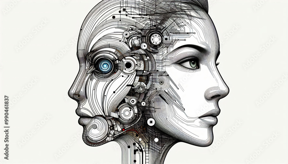 Dual-faced cyborg representing the duality of human and machine ...
