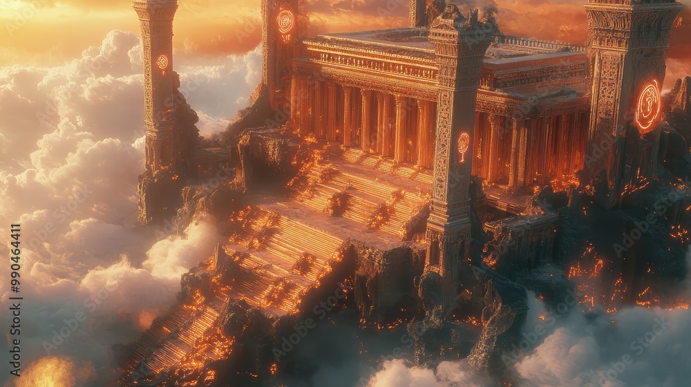 A grand, ancient temple floating above a swirling sea of clouds, with ...