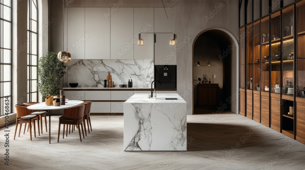 Spacious open-plan kitchen with a marble island, dining table, and a ...
